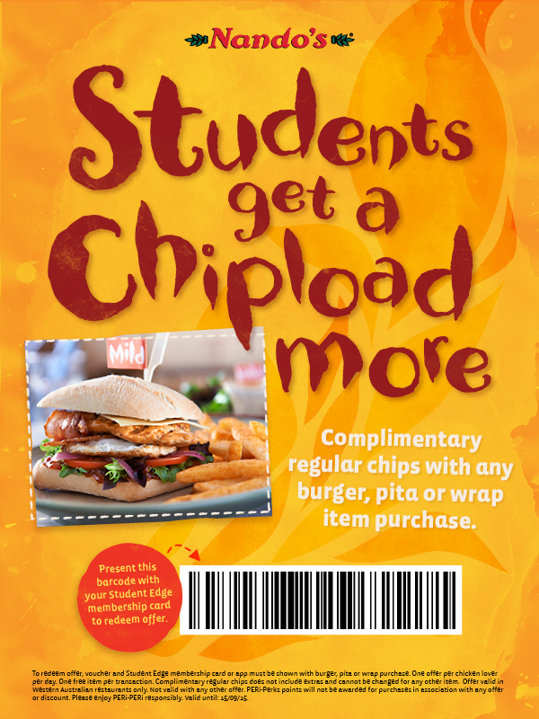 Complimentary regular chips Nando's · Student Discount · Student Edge